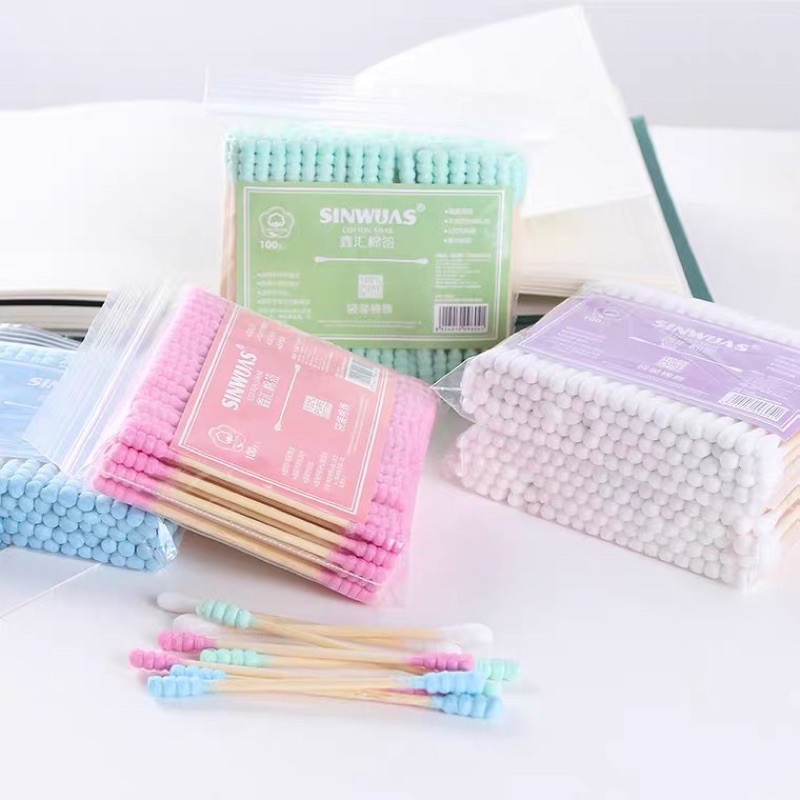 100 Disposable Pink Cotton Swabs Double-Headed Bamboo Cotton Swabs Ears ...