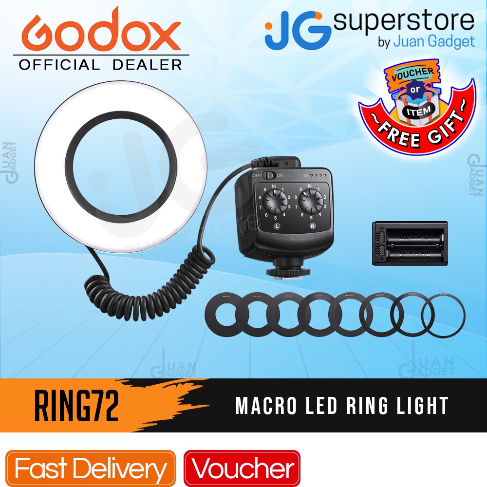 Godox RING72 5600k Macro LED Ring Light with Dual Power Supply 72pcs Lamp Beads 8 Adapter Rings ...