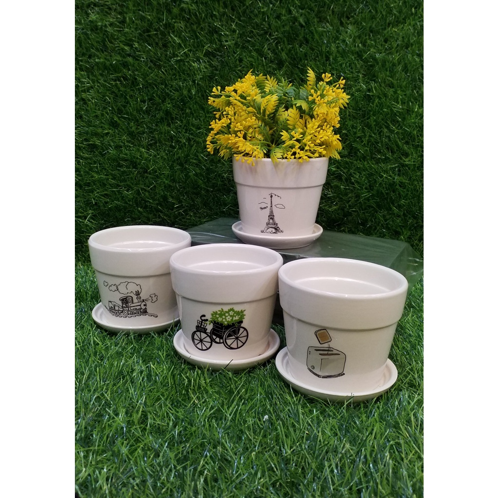 White ceramic pot succellent planter with connected saucer round small ...