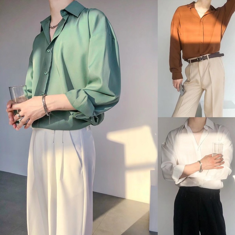 Korean Men's Plain Casual Fashion Lapel Collar Shirts Classic trend loose Long Sleeve Polo ...