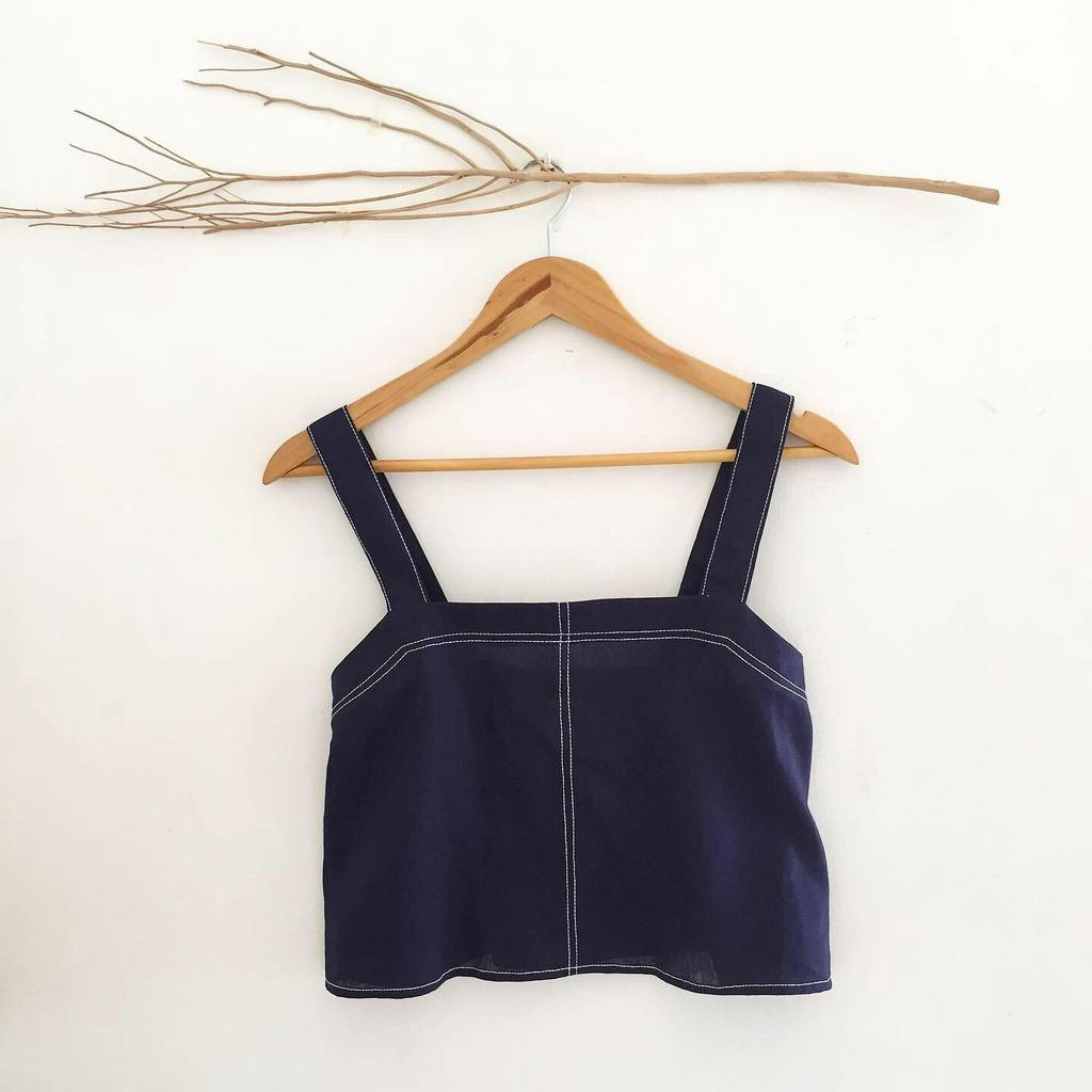896/2 Linen Wide Strap Crop Top in Navy Blue | Shopee Philippines