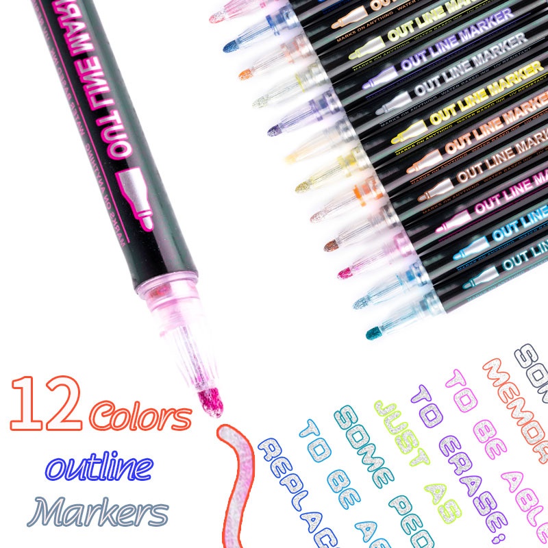24 Colors Contour Pen Handbook 12 Double-Line Dream Marker 8 Color Set ...