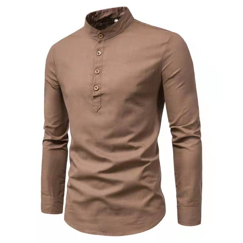 Emw men‘s Autumn Cotton Linen Long Sleeve polo stand collar polo shirt | Shopee Philippines