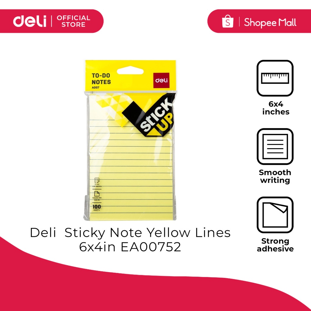 Deli EA00752 Sticky Note Yellow Lines or Yellow Pad Paper Sticker 6x4in ...