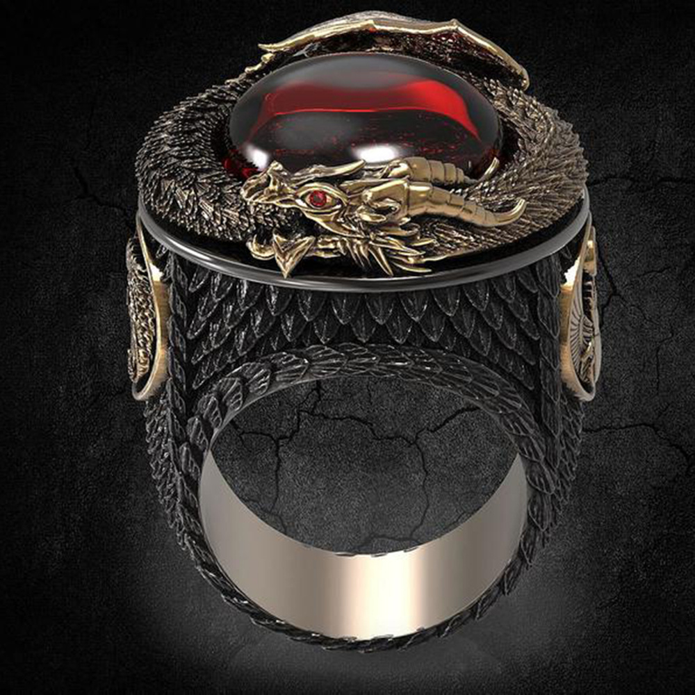 3D Dragon Phoenix Titanium Steel Black Gold Ruby Wine Red Crystal ...