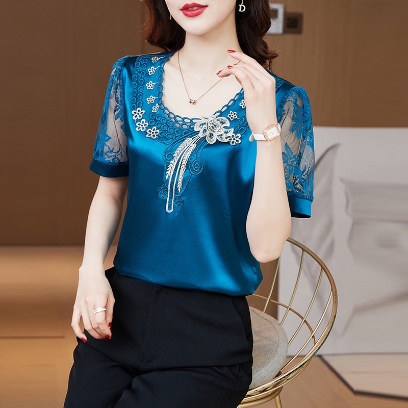 Light Luxury Women Tops Silk Embroidery Blouse Summer Plus Size Blouses ...