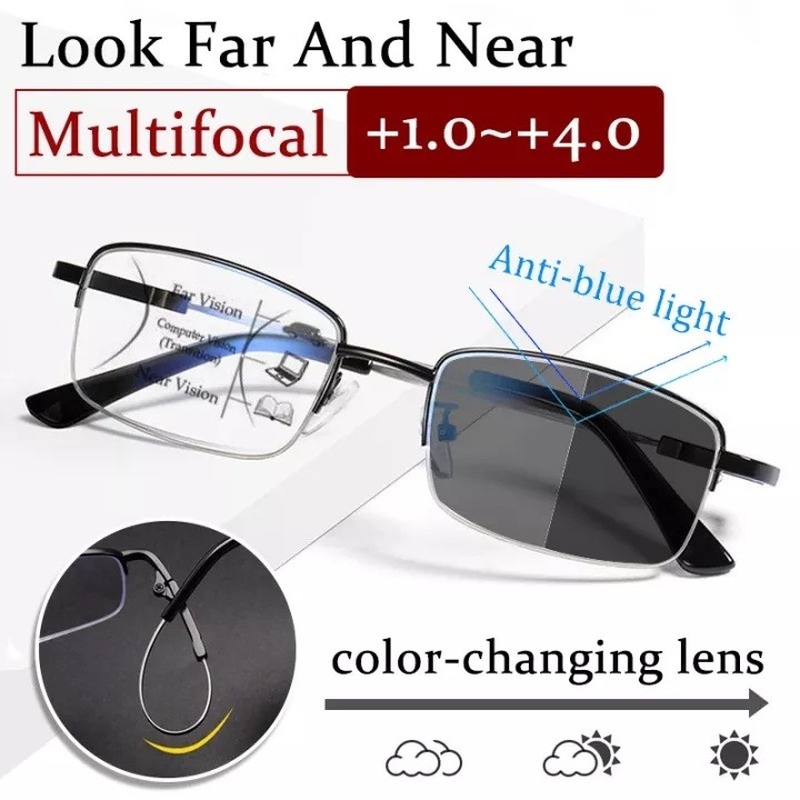 4 In 1 Photochromic Multifocal Reading Glasses Memory Titanium Frame ...