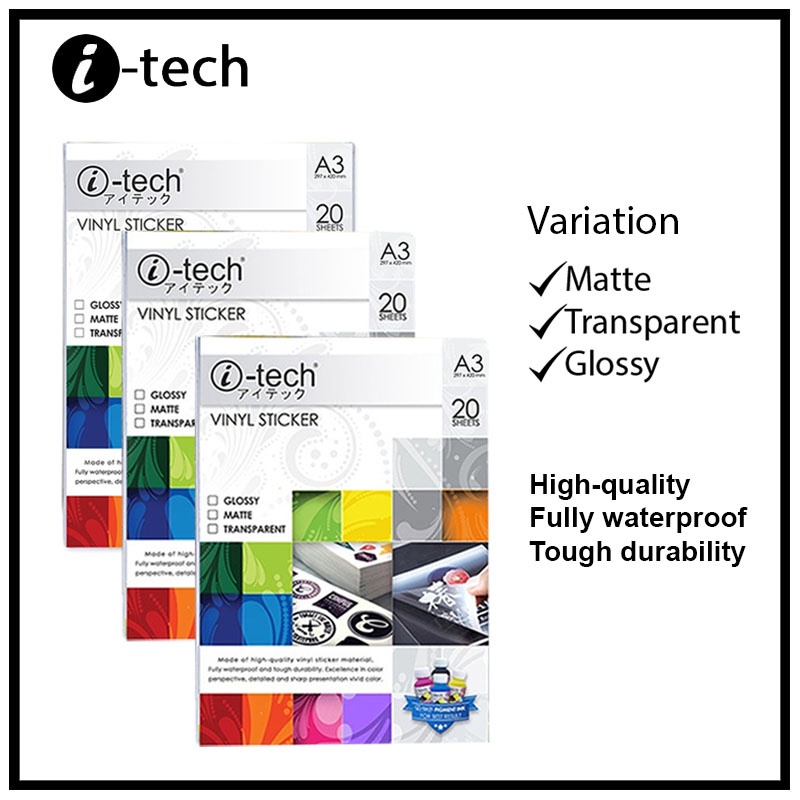 Waterproof Printable iTech Vinyl Sticker A4 20 Sheets Matte / Glossy / Transparent I-tech Brand ...