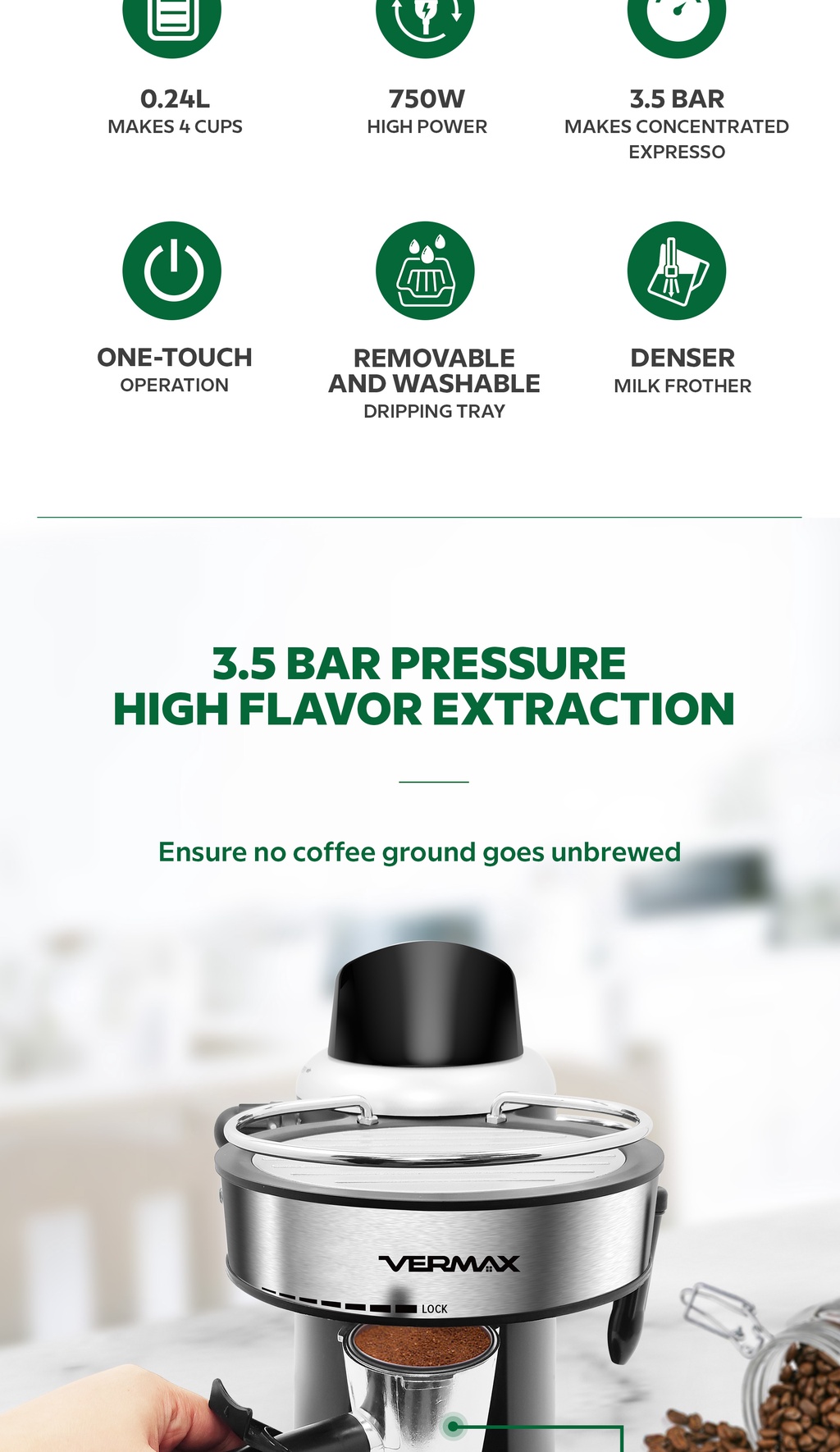 Vermax Espresso machine 3.5bar pressure espresso coffee maker milk ...