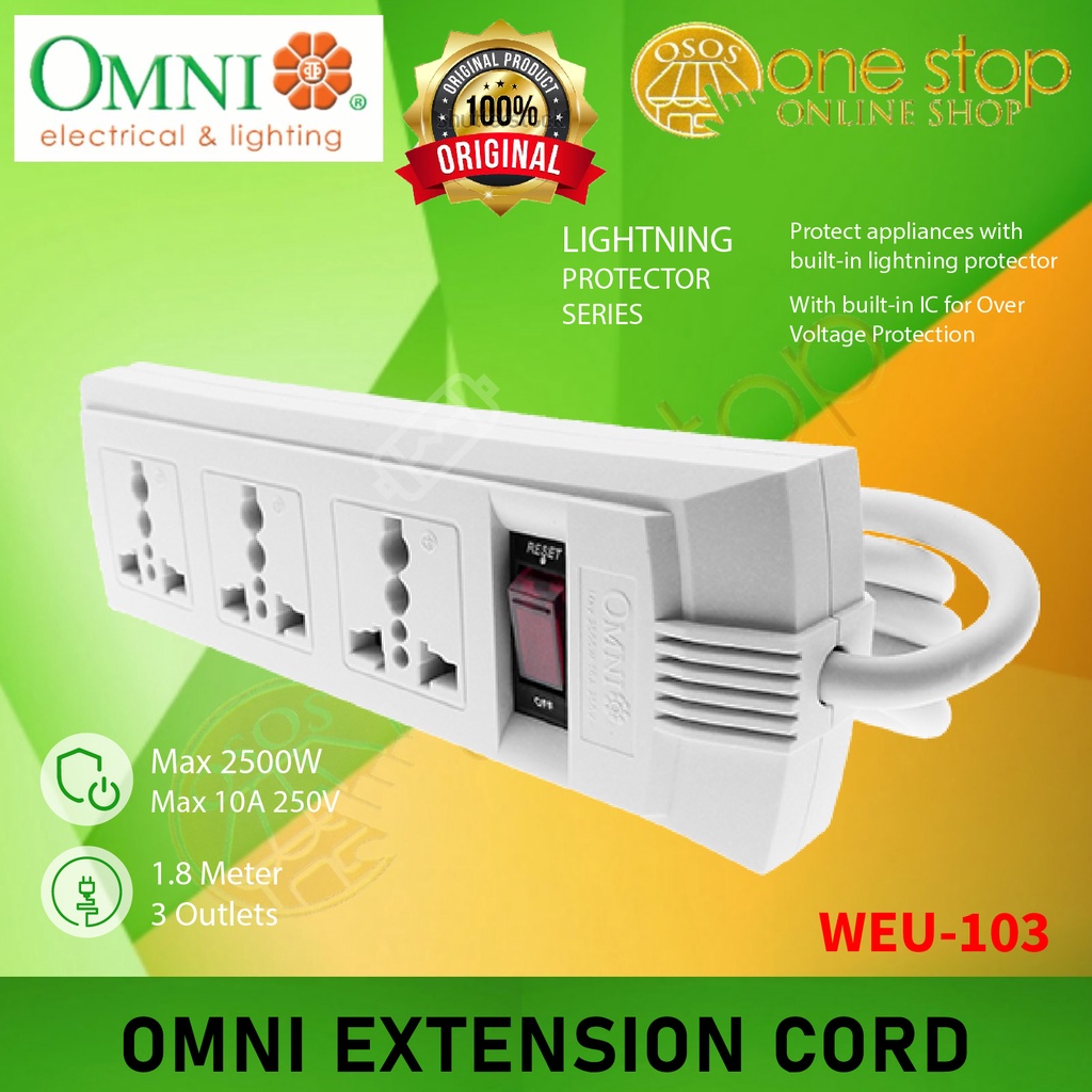 Omni Universal Outlet Extension Cord 3 Gang with Switch 1.83 meter wire ...