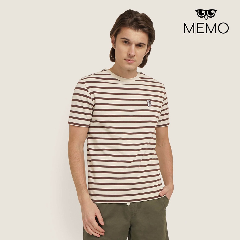 Memo Memorandum Striped T-Shirt With Owl Embroidery For Men (Tan ...