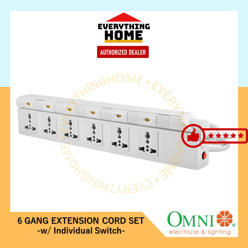 Omni 6 Gang Extension Cord Set w/ Individual Switches 1.83 Meter Cord ...