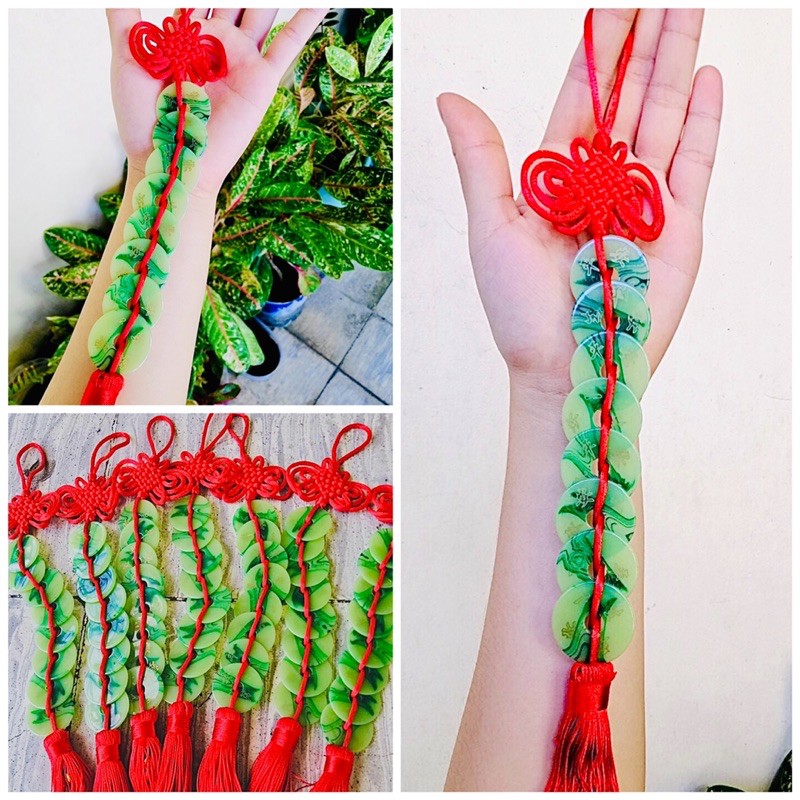 LUCKY CHARM Hanging 8 coin Jade Red String Wealth BLESSEND and ...