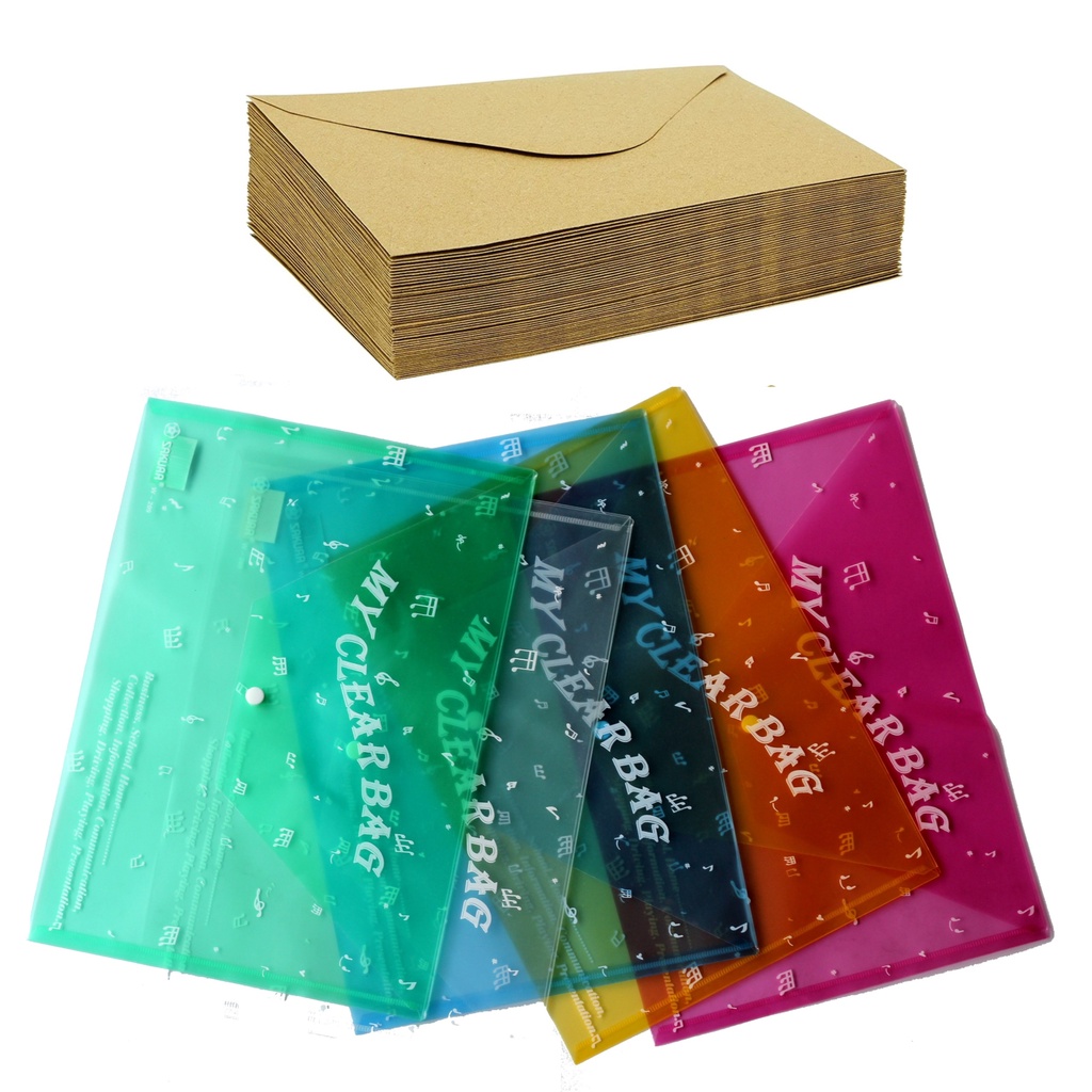 Brown Document Envelope with SAKURA Clear Envelope Bag with Snap button ...