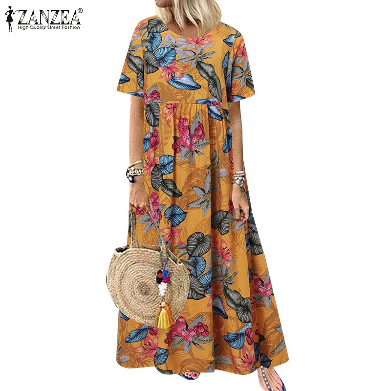 ZANZEA Women Casual Loose Short Sleeve Retro Print Long Dress | Shopee ...