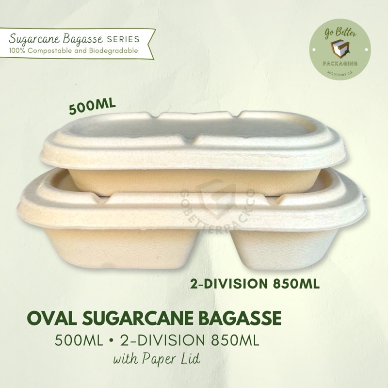 500ml 700ml 2 division 850ml Oval Sugarcane Bagasse Container with Paper Lid | Shopee Philippines