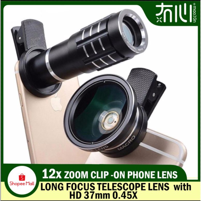 12X Zoom Clip-on Long Focus Telescope Lens with HD 37mm 0.45X Cell ...