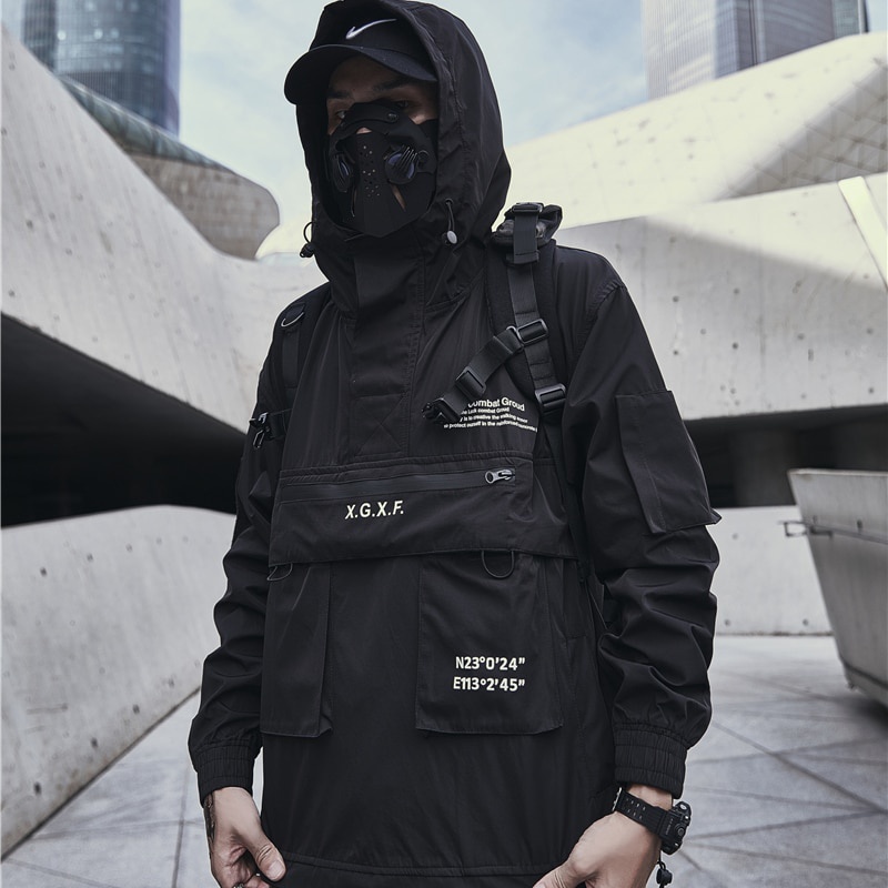 Easor Techwear Jacket For Men Spring Streetwear Black Hooded Waterproof ...