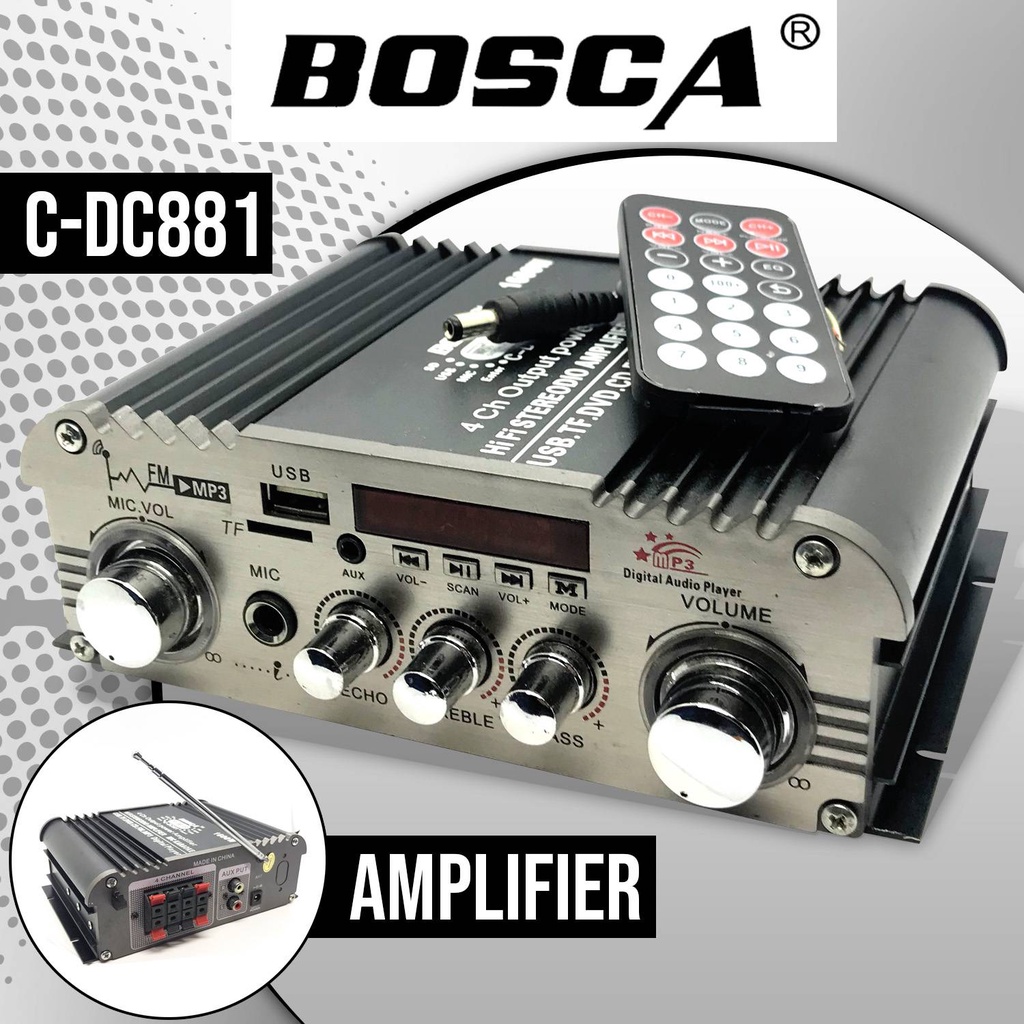 BOSCA Mini Hi-Fi Stereo Audio Power Amplifier 4 Channel Output With FM/USB/SD/MIC/AUX Slot ...