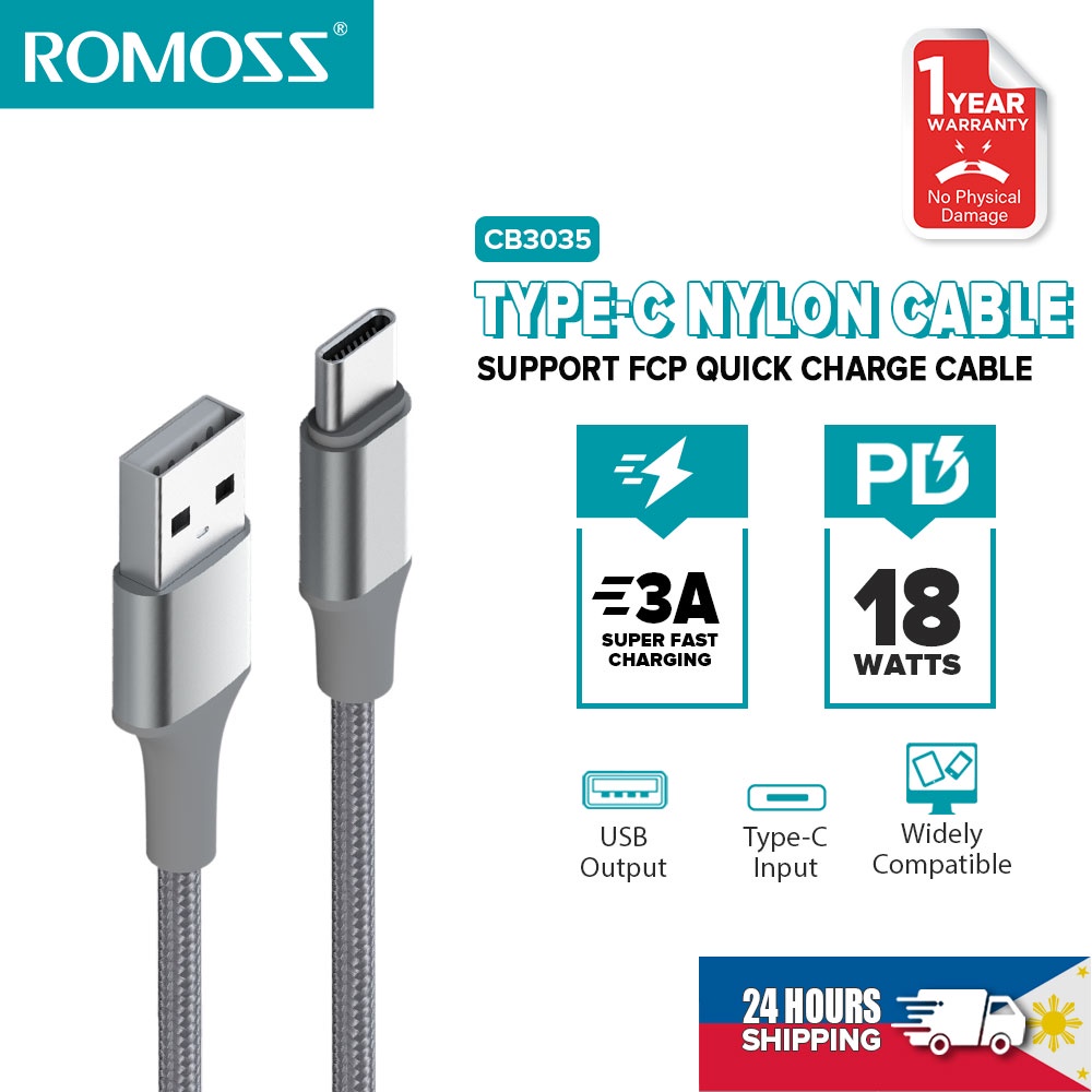 Romoss CB3035 1m 18W Watts Type C Charging Cable 3A Data Line | Shopee ...