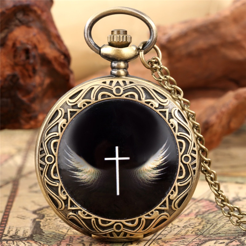 Vintage Cross With Wings Style Men Women Quartz Pocket Watch Long Chain ...
