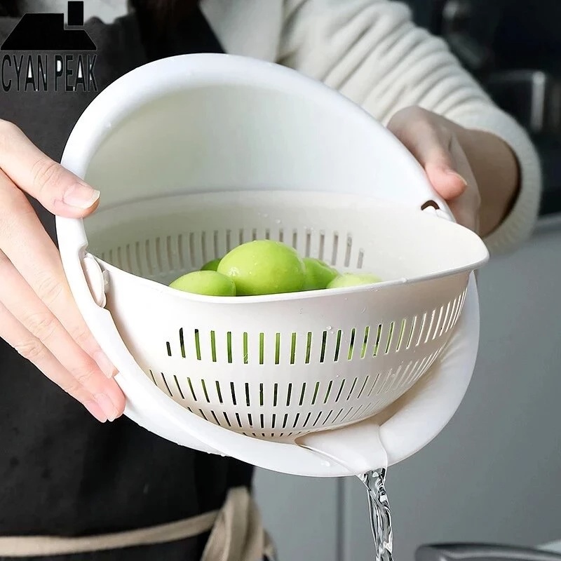 Kitchen Double Layer Rotating Basket Washing Storage Basket Strainers ...