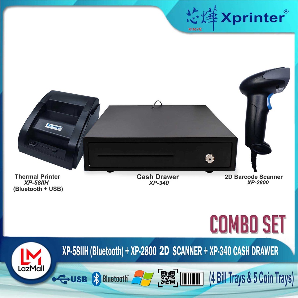 Xprinter XP-58IID Bluetooth Thermal Printer + 340 Cash Drawer + XP-7600 2D Wired Barcode Scanner ...