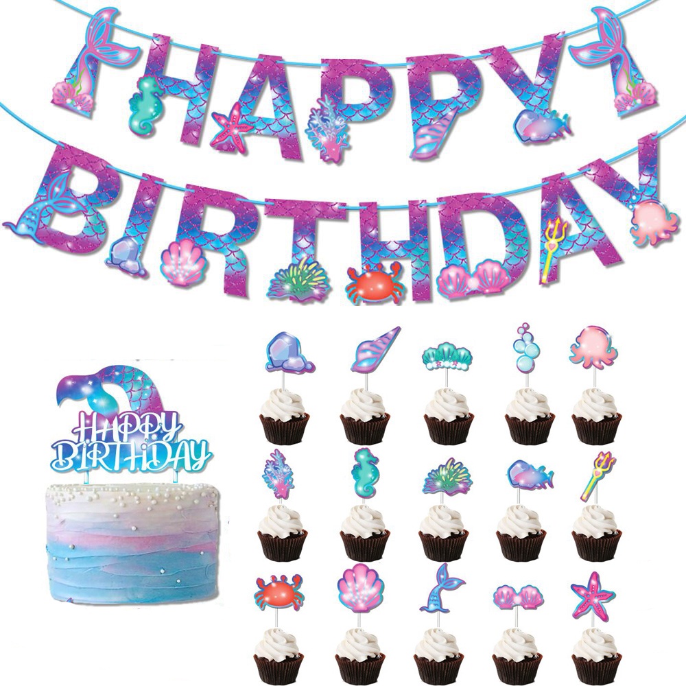 Mermaid Happy Birthday Banner Cupcake Topper for Girls Boys Kids Theme ...