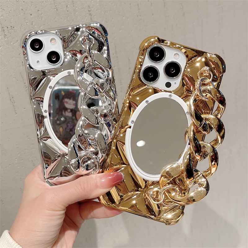 Luxury Glitter Diamond Mirror Chain Strap Case for iPhone 16 15 14 13 ...
