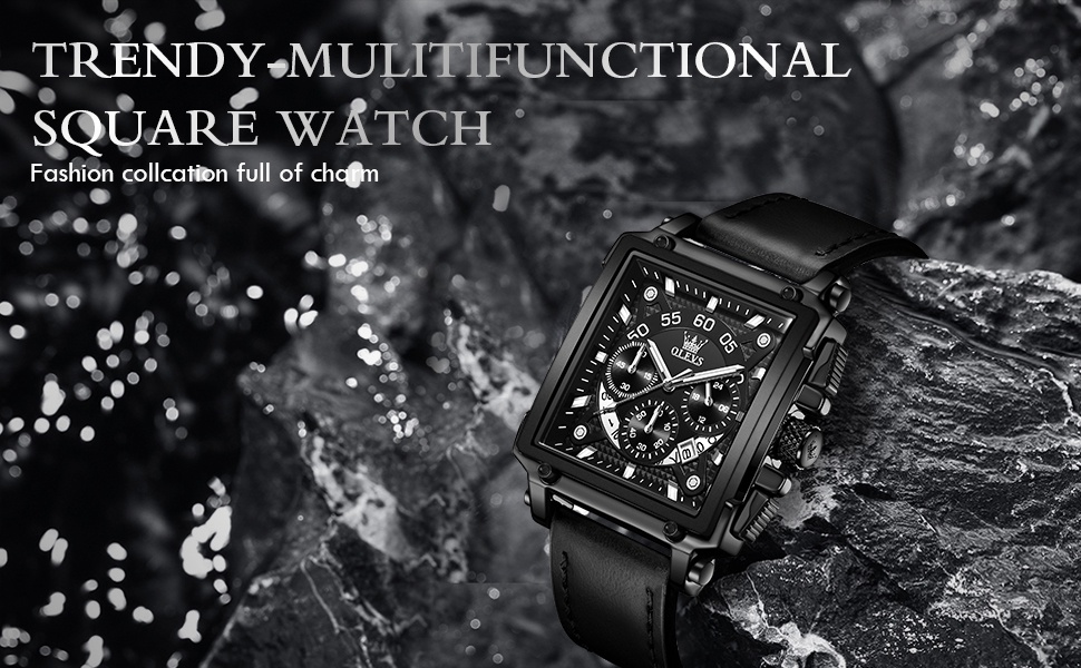 Olevs Watch For Men Water proof Original Square Chronograph Leather ...