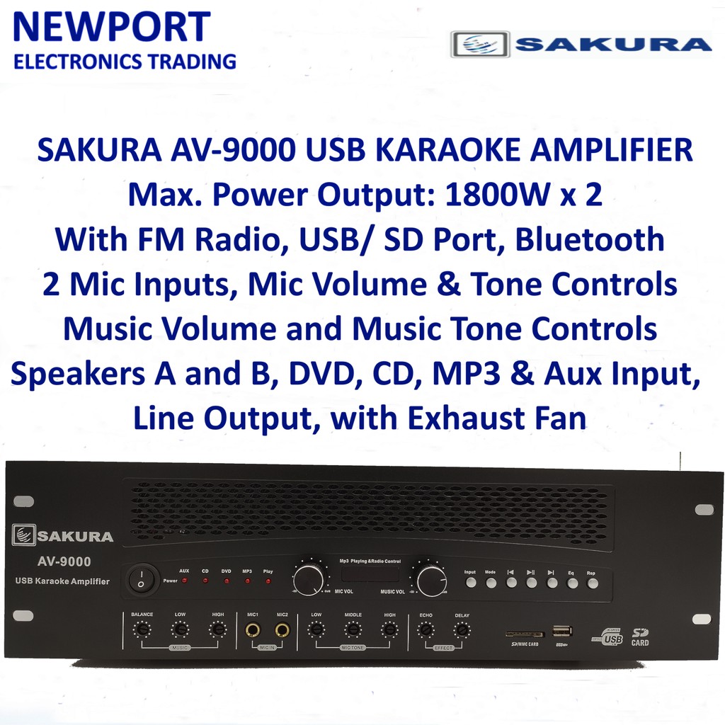 Sakura AV-9000 USB Karaoke Amplifier 1800W x 2 with FM Radio, USB/SD Port, Bluetooth | Shopee ...