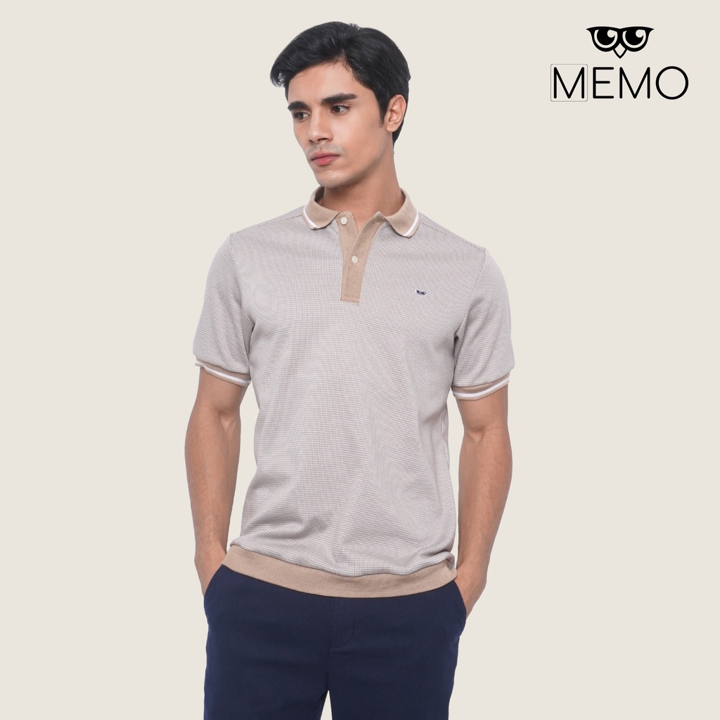 Memo Printed Polo With Striped Collar And Cuff For Men (Khaki) | Shopee ...