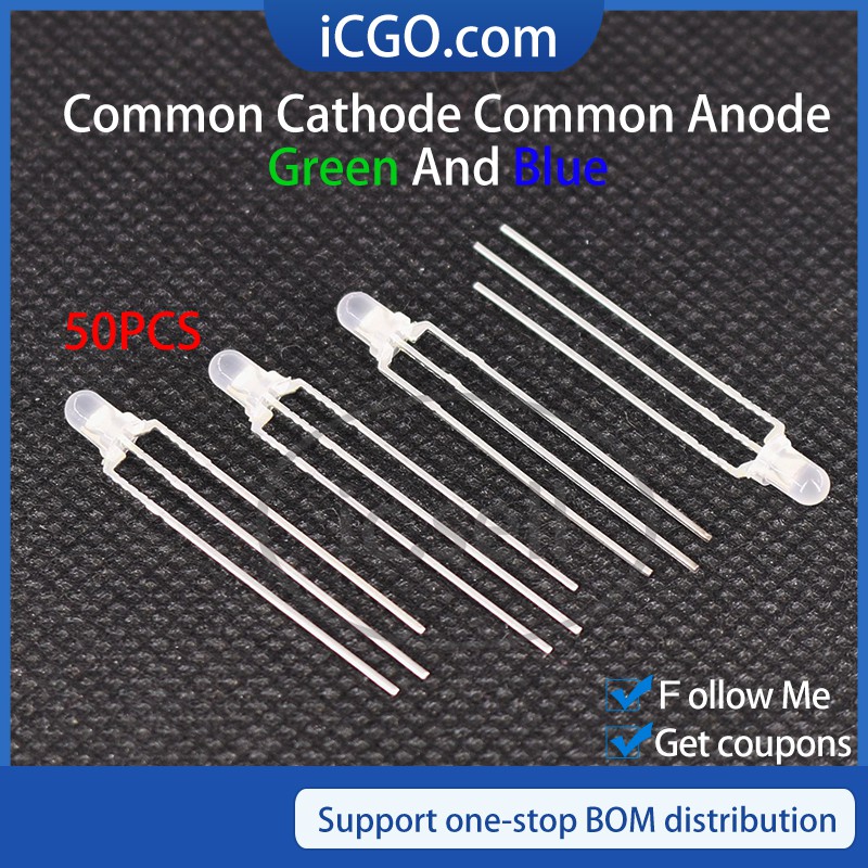 50pcs LED 3mm Diffused Blue And Red Common Cathode Common Anode 3 Pin ...