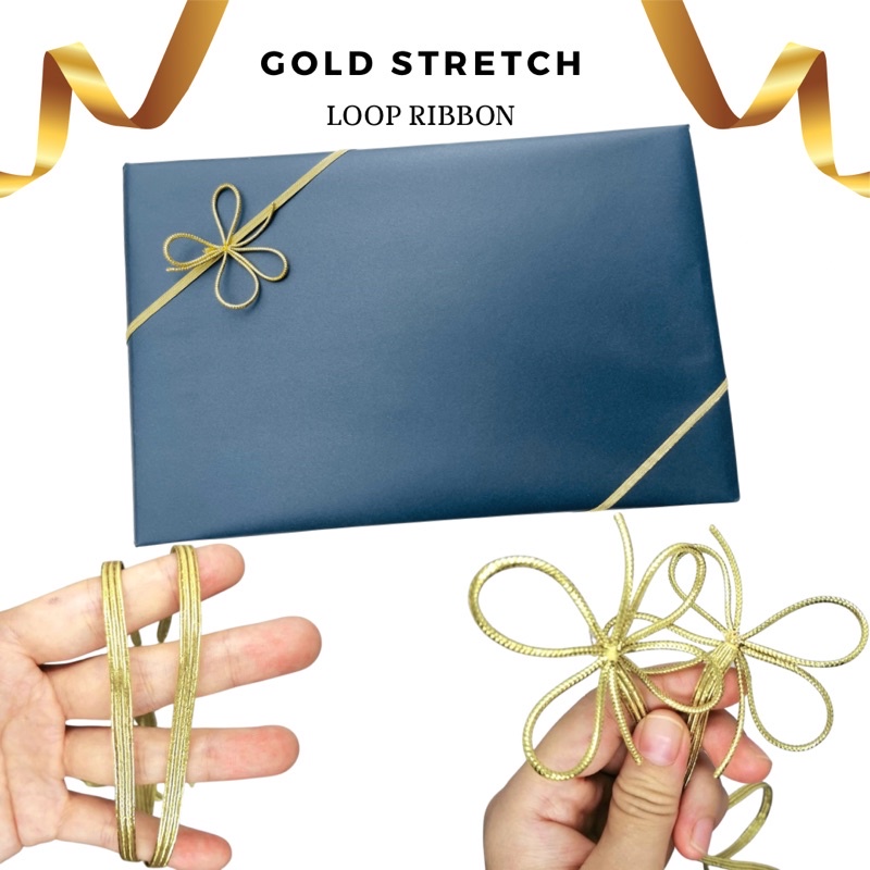 40cm Gold Stretch Loop Ribbon Reusable Elastic Ribbon Gift Box Gold ...