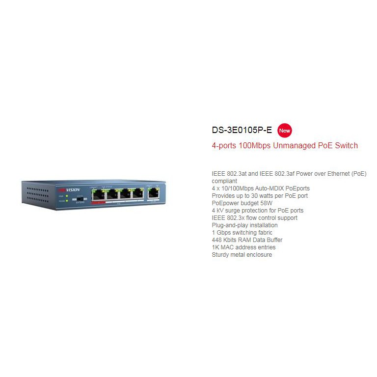 Hikvision PoE Switch DS-3E0105P-E 4-ports 100Mbps Unmanaged PoE Switch ...