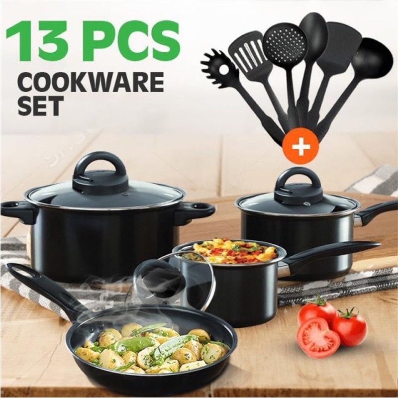 13 Pcs Kitchenware Cookware Set Non-Stick Soup Pot Fry Pan Set | Shopee ...