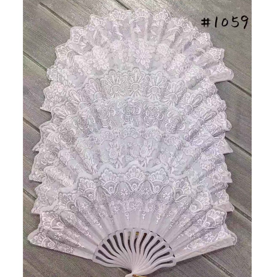 Plastic Hand Held Folding Fan White Handle Silver Glitters Designs ...