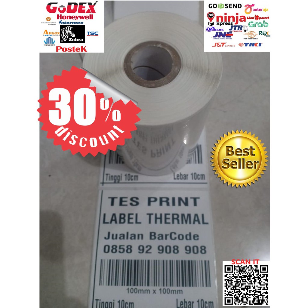 100x100 X 100x100 mm Thermal Barcode Sticker Paper Jne Expedition Resi ...