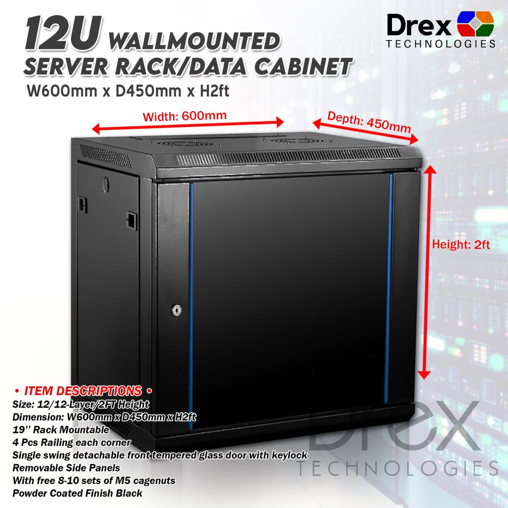 12U 12-Layer Wallmounted Data Cabinet / Server Rack W=600 x D=450mm x H ...