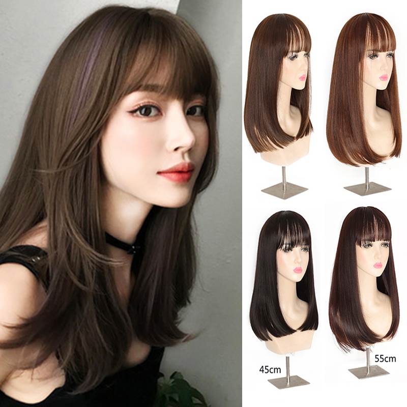 Wig Long Straight Hair Wig Inner Buckle Curly Long Hair with Air Bangs ...