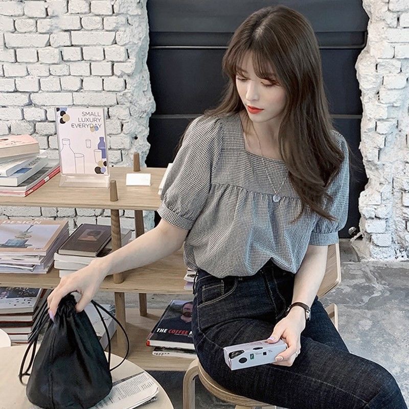 Japanese Blouse Style Shirt Summer Short Sleeve Women Top Square-Neck ...