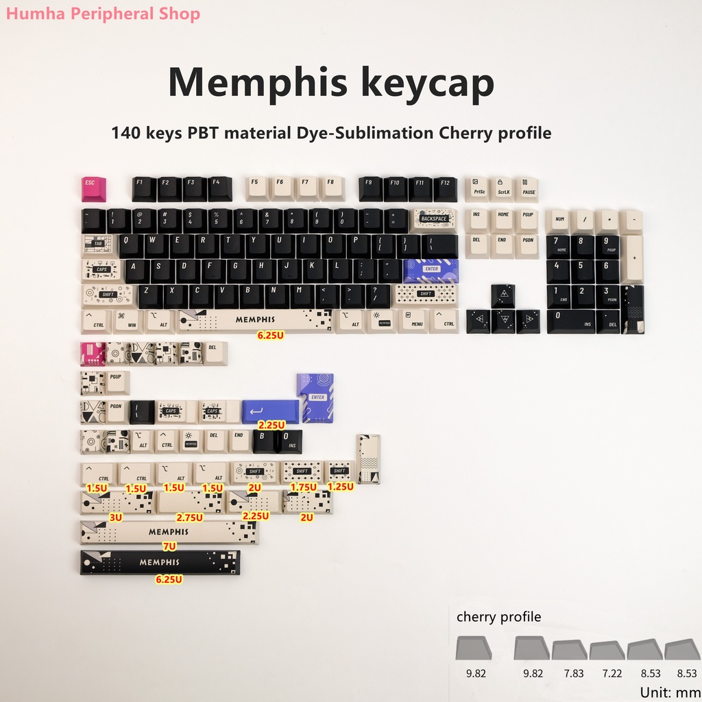 Humha Memphis keycap 140 keys PBT material Dye-Sublimation Cherry profile Mechanical Keyboard ...