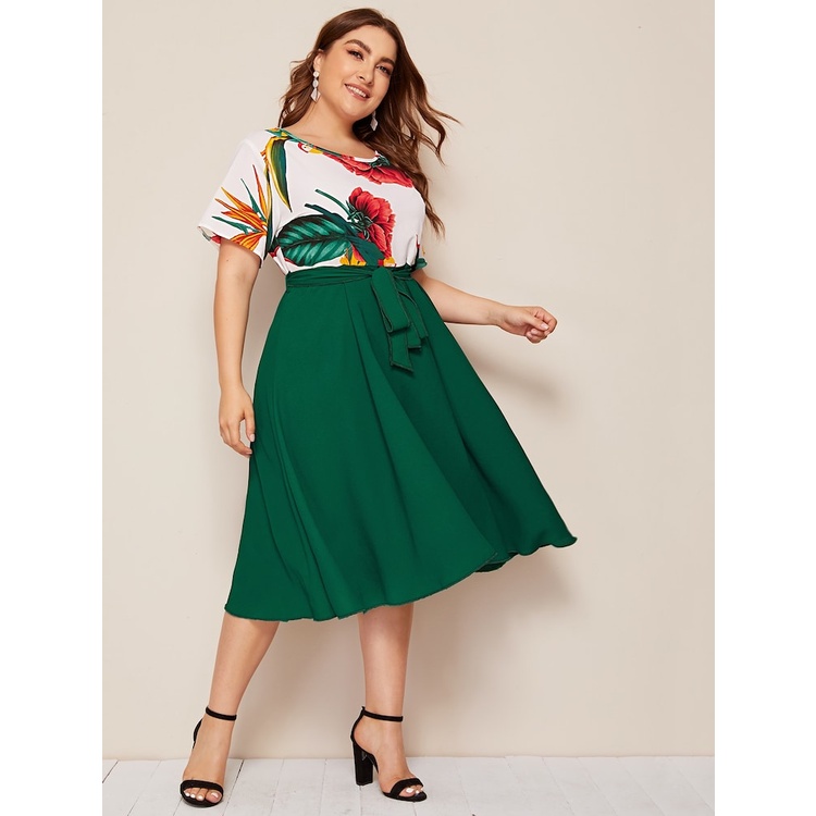 A2278 Miss Muse Plant Floral Color Block Tie Waist Plus Size Combo ...