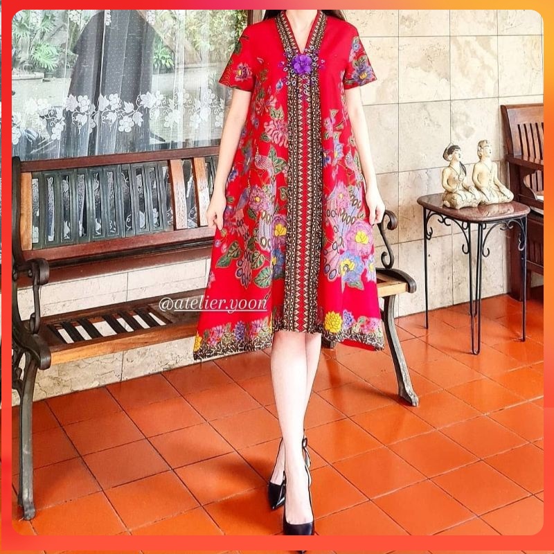 MERAH Batik DRESS Red Party Available JUMBO Size LD 120CM | Shopee ...