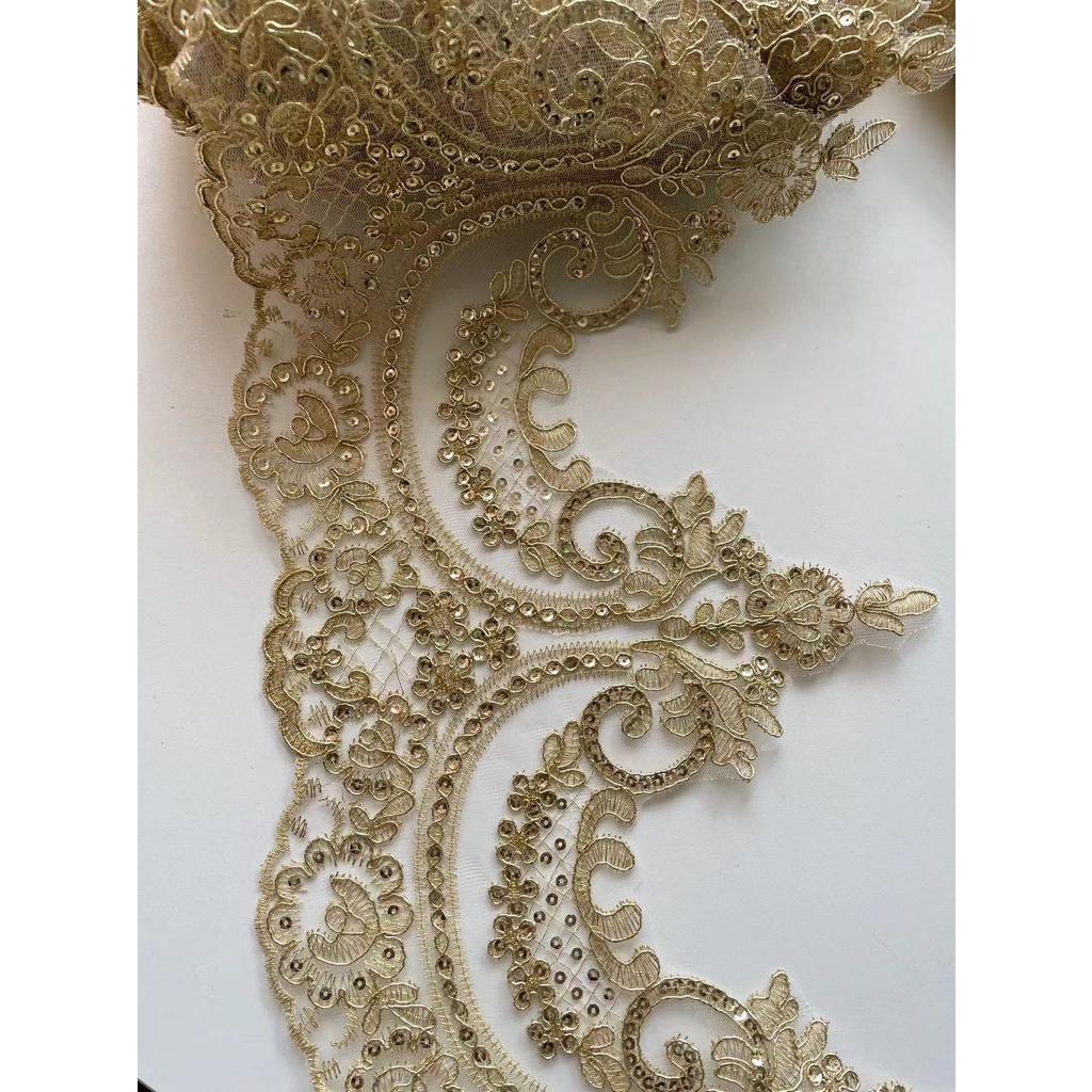 1 Meter Luxury Gold Sequins Beading Mesh Lace Trim Applique Trimming ...