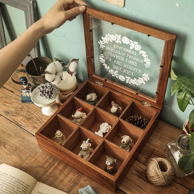 Storage Jiugongge Jewelry Box Acrylic Small Wooden Desktop Mystery zakka Hair Ring ...