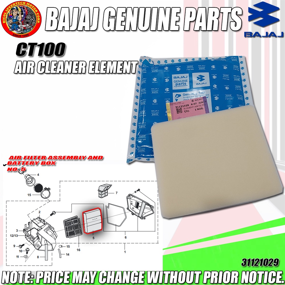 AIR FILTER ELEMENT Kawasaki Bajaj CT100 CT125 (KMC) (Genuine: 31121029 ...