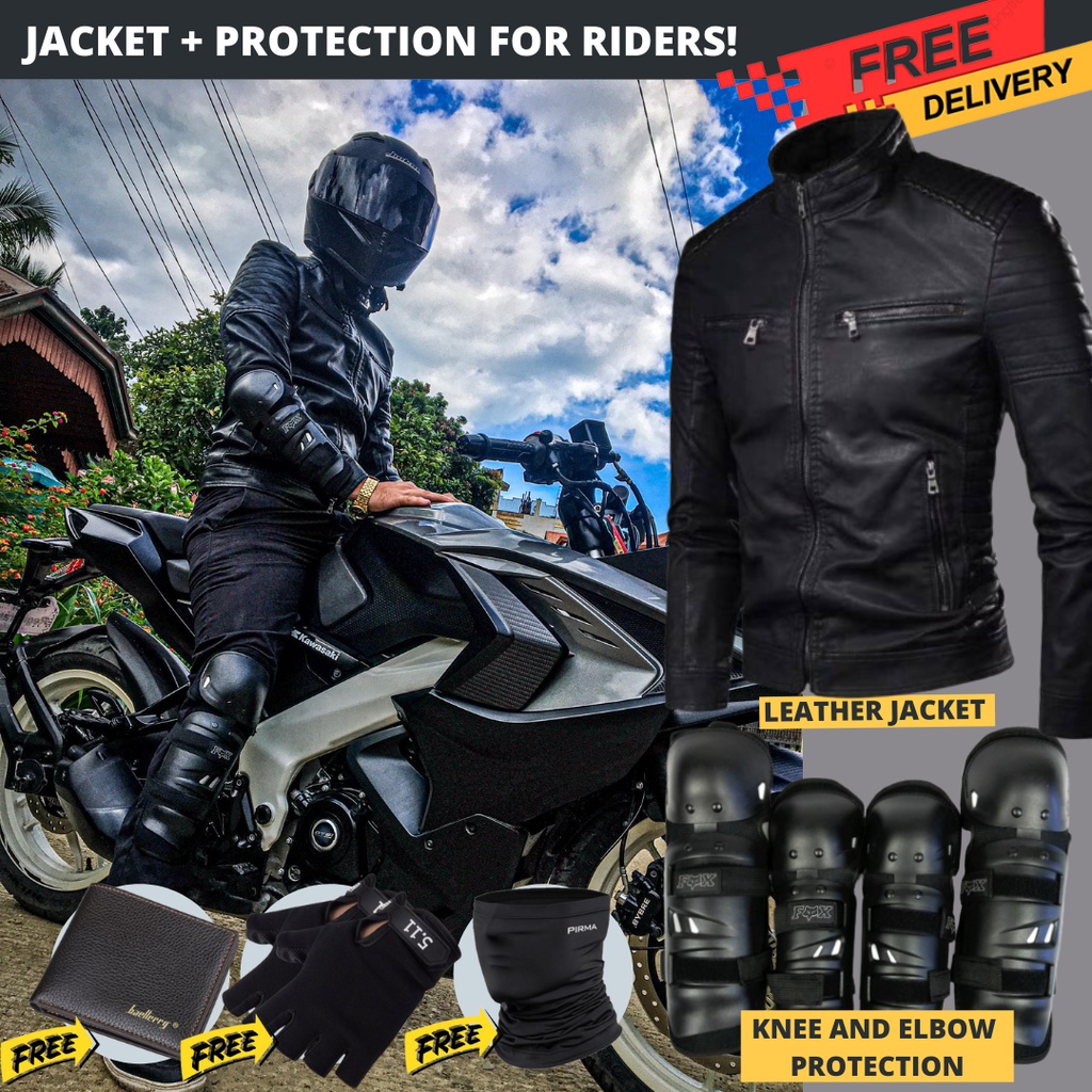 LEATHER JACKET PLUS PROTECTION PACKAGE BUNDLE KNEE AND ELBOW PADS WITH ...