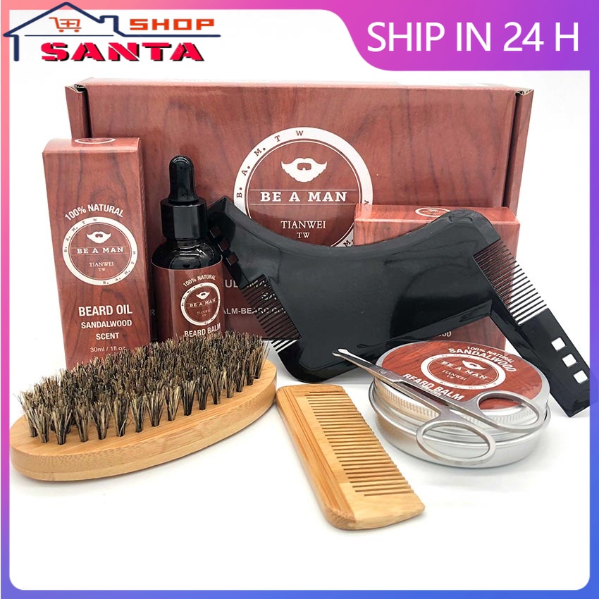 6pcs Boar Bristle Brush Beard Grooming Care Kit Beard Oil Wax Guide ...