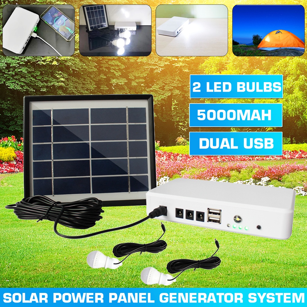 5W Solar Panel Generator Lighting Kit Set 5v USB Solar Charger with 2 ...
